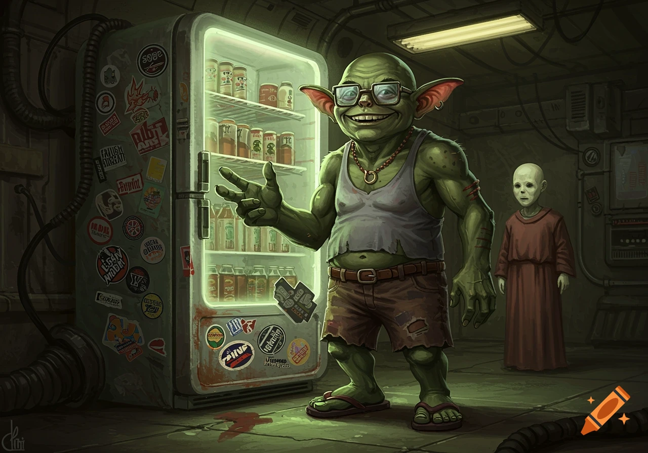 A grinning green goblin-like creature stands by a sticker-covered ...