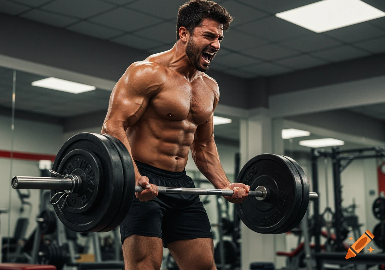 Muscular man lifts heavy barbell in gym, straining intensely. on Craiyon