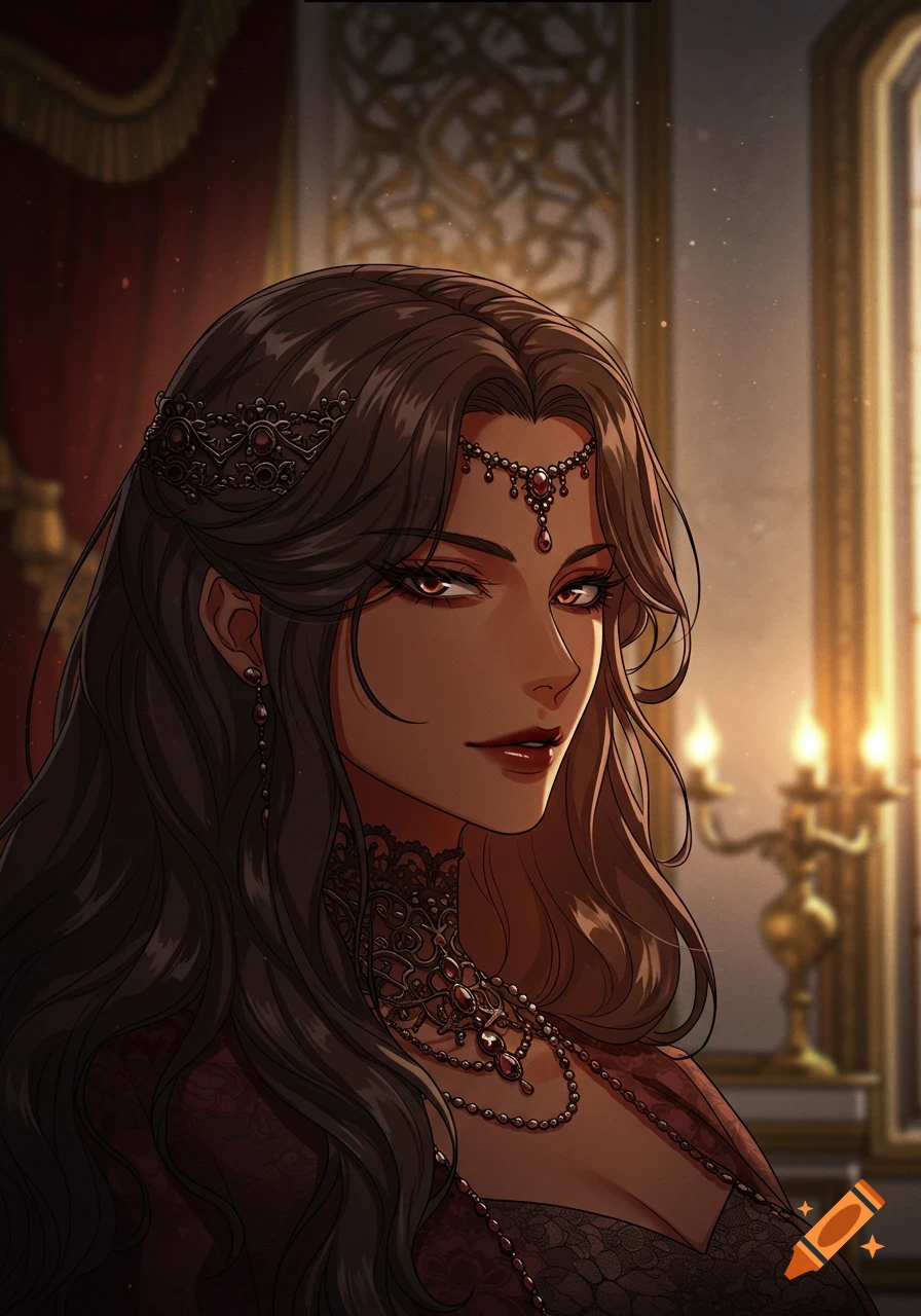 Manhwa style portrait of a dark-haired woman in historical fantasy ...