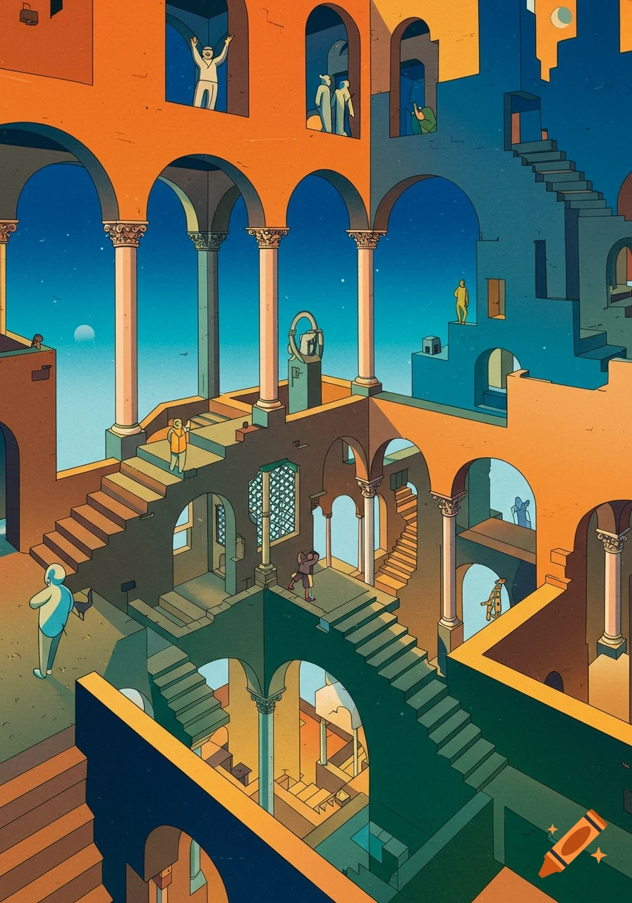 An M.C. Escher style illustration of an impossible building with stairs ...