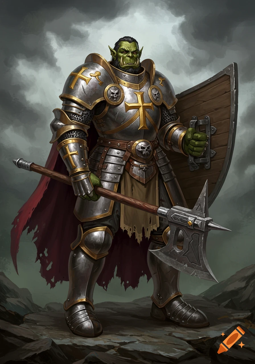 An orc paladin in full plate armor with an axe and shield stands on rocks. on Craiyon