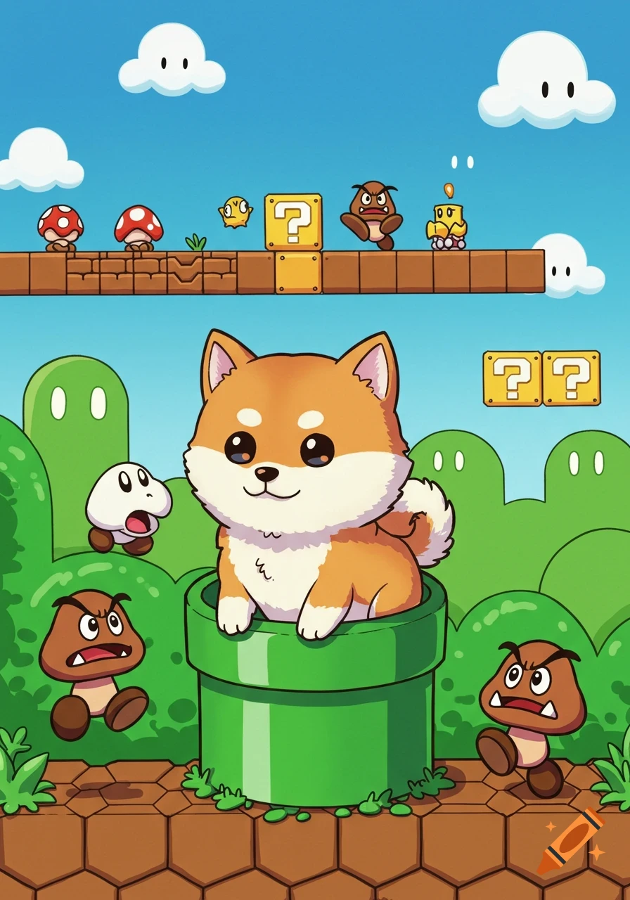 Cute Shiba Inu dog sits in a pipe in a cartoon Super Mario Bros level ...