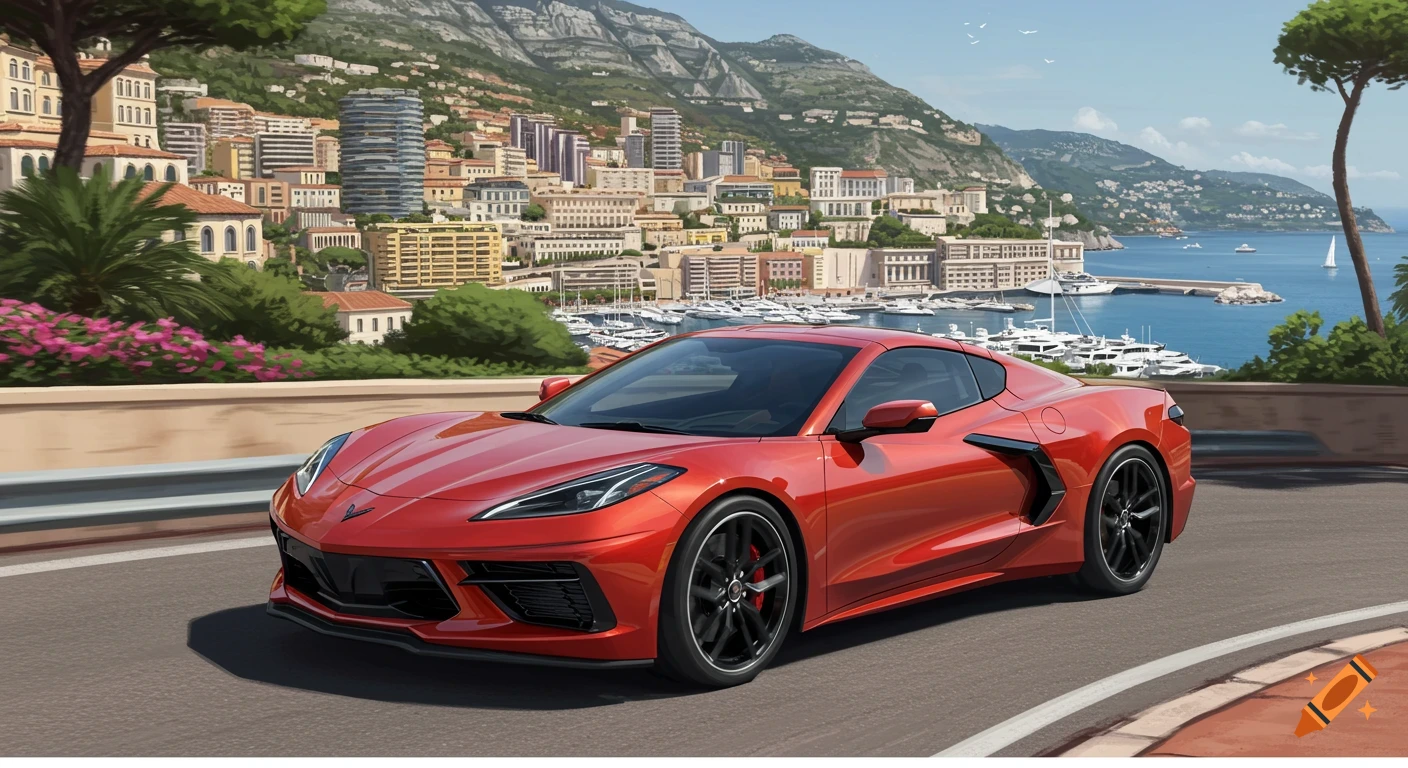 A red Chevrolet C8 Corvette drives on a road overlooking a city with a ...
