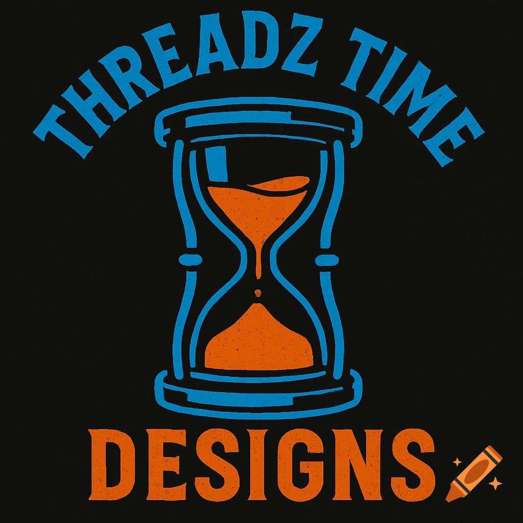 Graphic logo for 'Threadz Time Designs' featuring an orange sand ...
