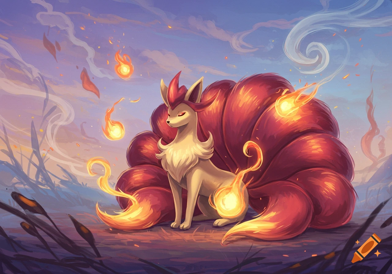 Ninetales Pokemon surrounded by fire in a painted fantasy landscape. on ...