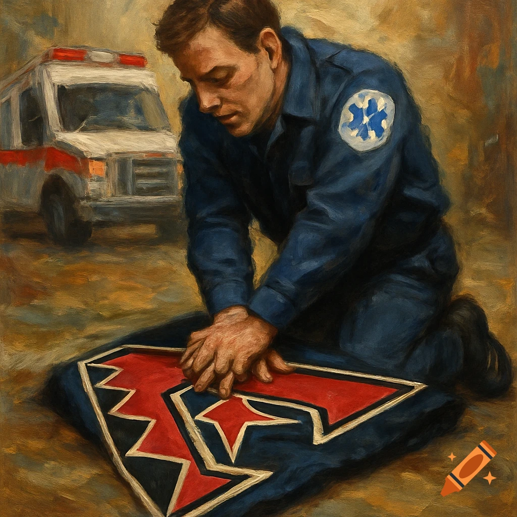 Painting of a paramedic performing CPR on a sports logo. on Craiyon