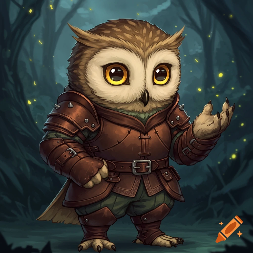 A cute owl wearing leather armor stands in a forest. on Craiyon