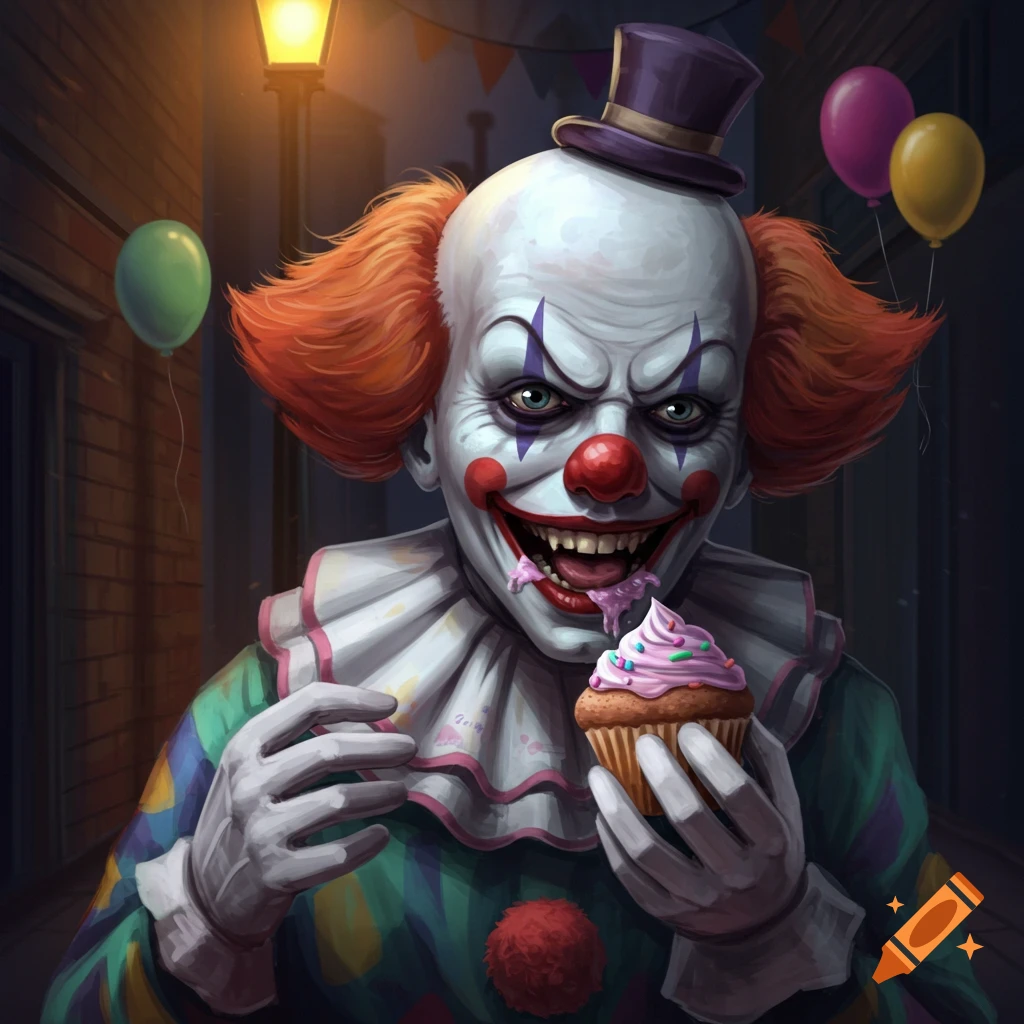 Illustrative portrait of a creepy clown with sharp teeth eating a pink ...