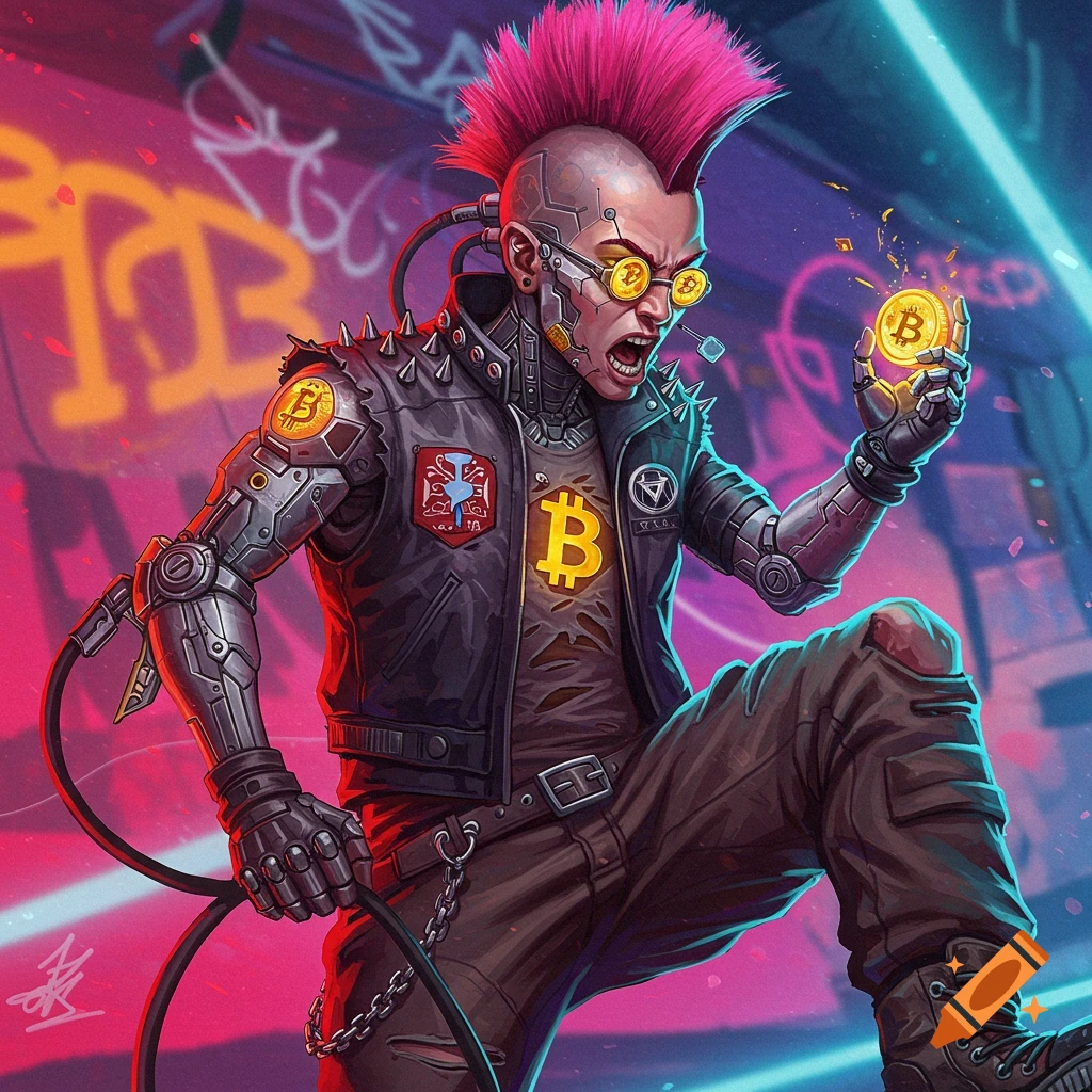 A punk cyborg with a pink mohawk and metal arm holds a glowing bitcoin coin in a cyberpunk ...