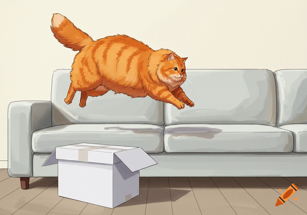 A fluffy orange cat jumps over a white box onto a grey couch ...