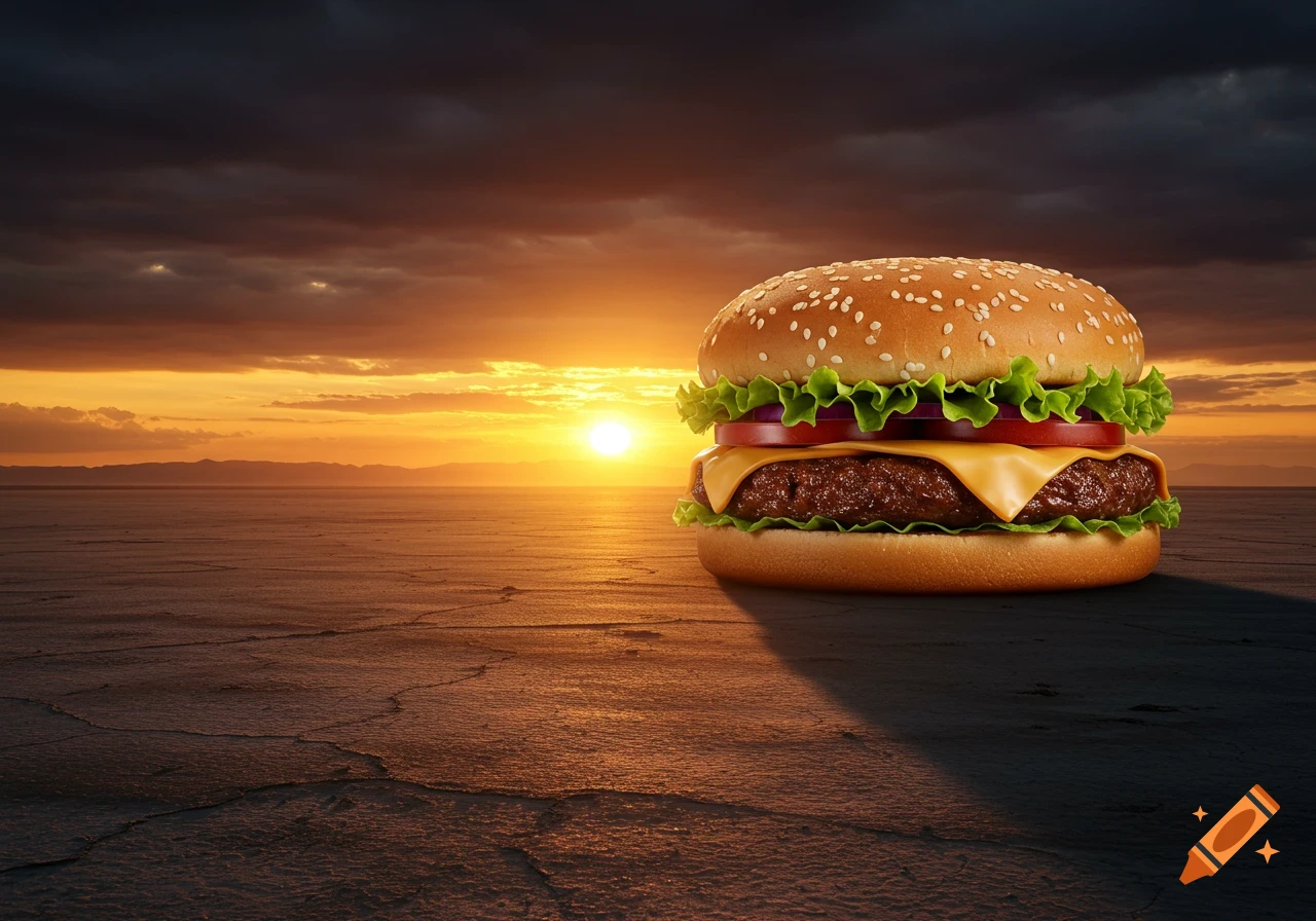 A photorealistic hamburger sits on cracked ground under a dramatic ...