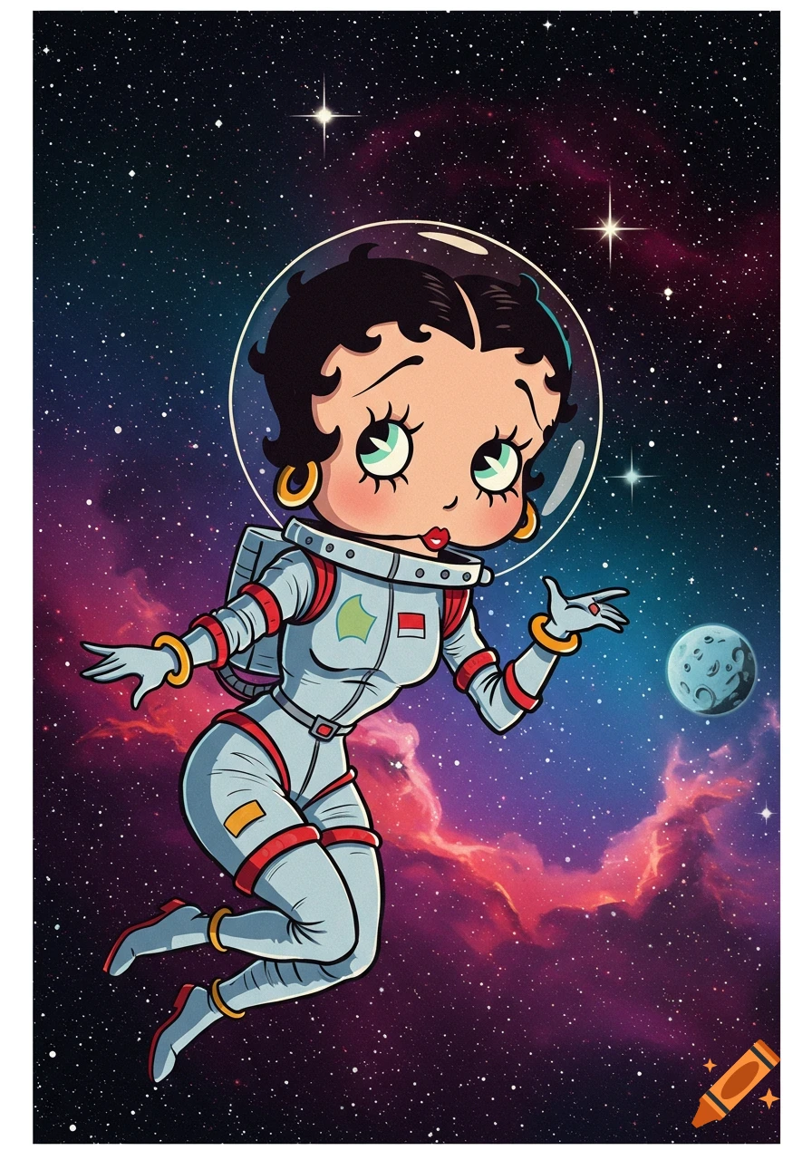 Betty Boop in a space suit floats near a planet in colorful space. on ...