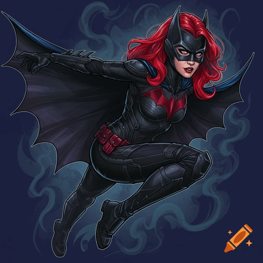 Batwoman in a comic book style illustration, leaping with cape ...