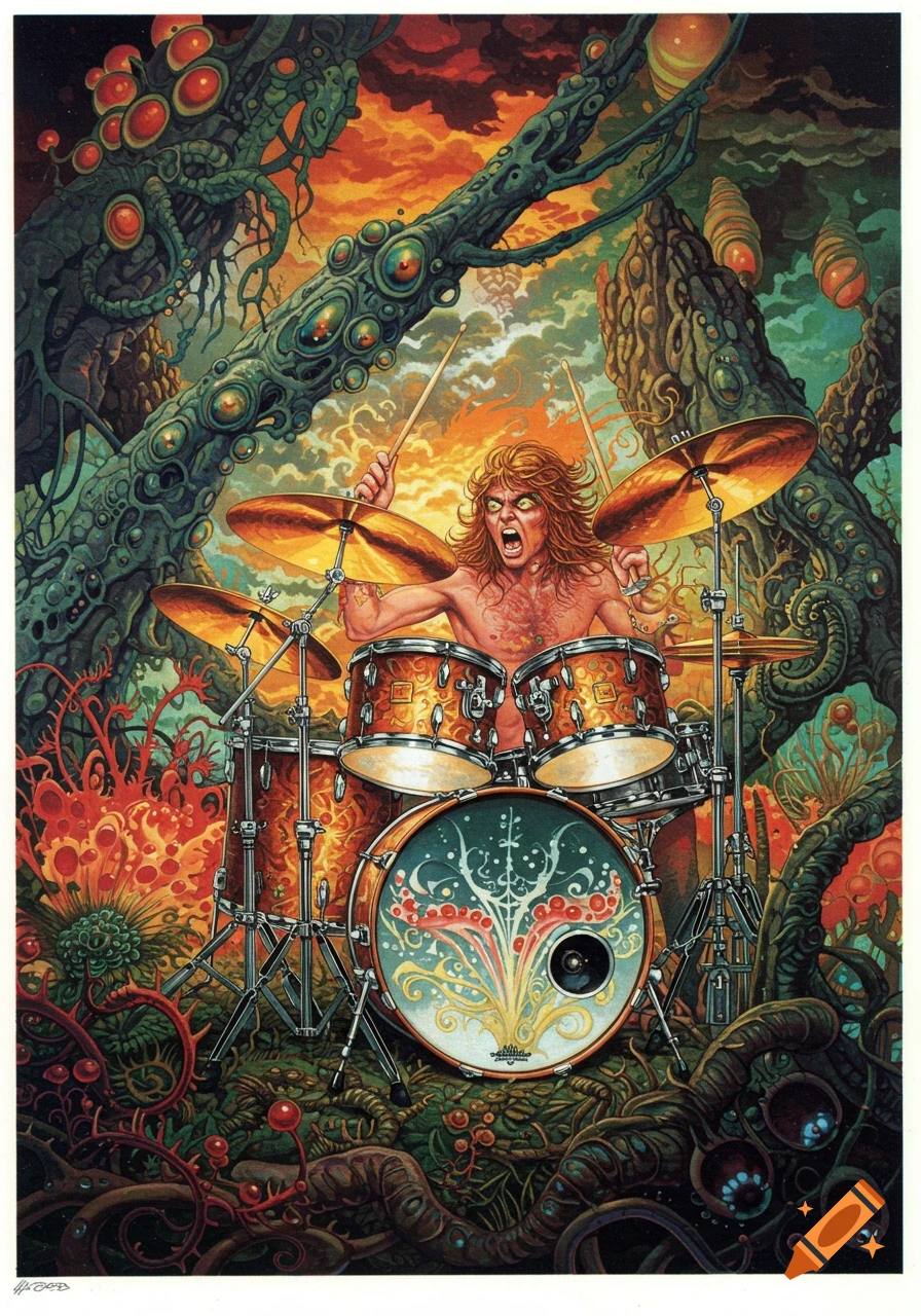 Roger Dean style illustration of a drummer playing a drum kit in a ...