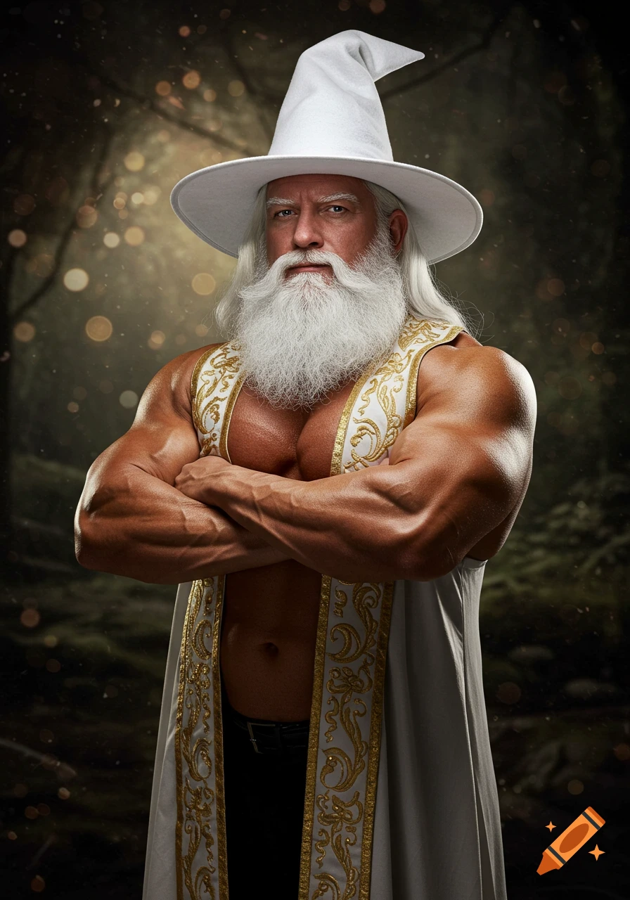 A muscular man with a white beard and wizard hat, arms crossed, stands ...