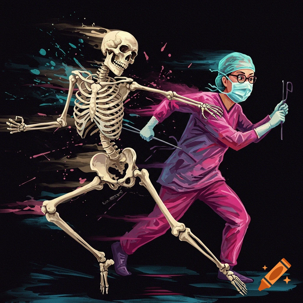 Skeleton chasing a surgeon in a dynamic, colorful illustration style on ...