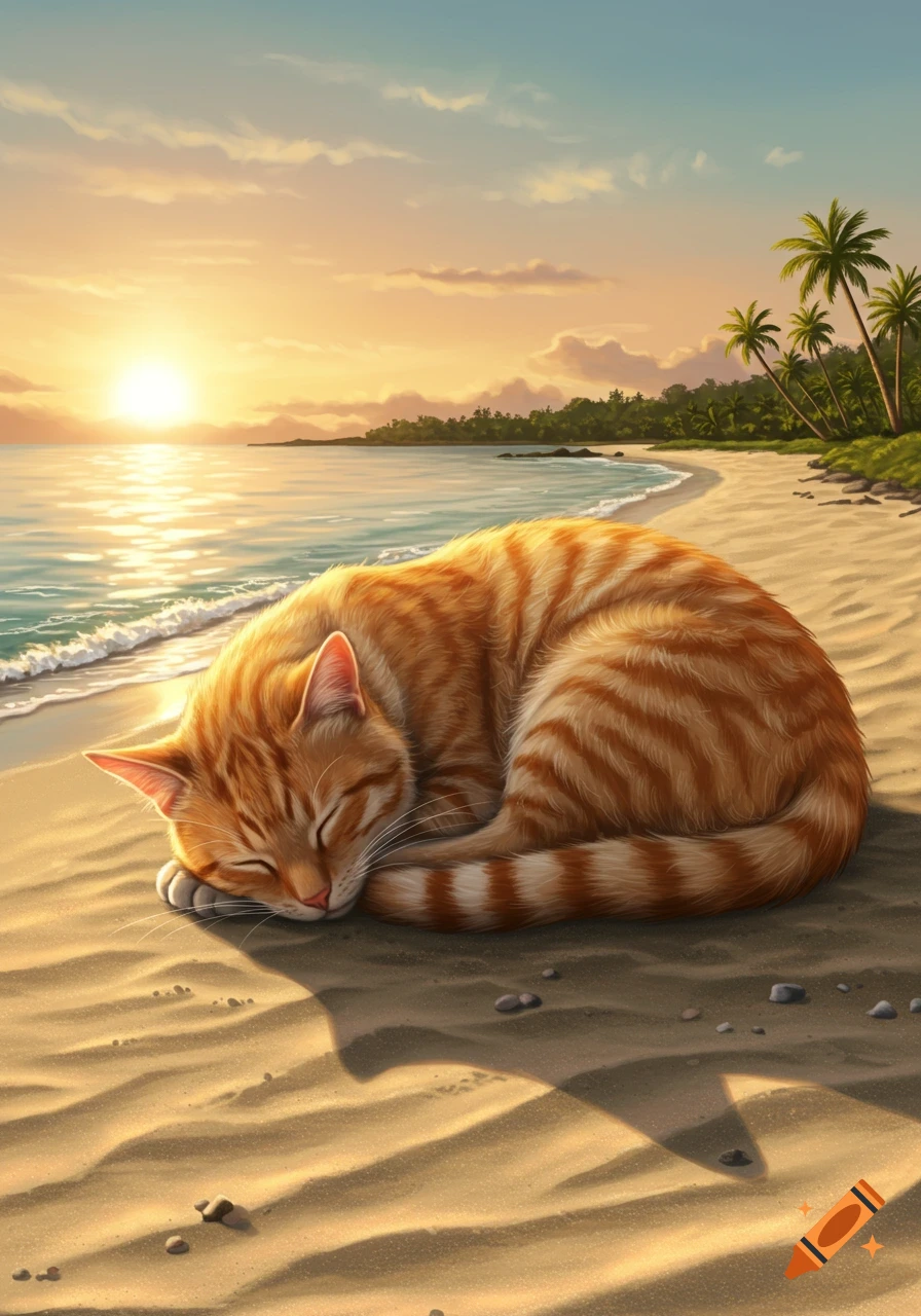 Orange tabby cat sleeping curled up on a sandy beach at sunset with ...