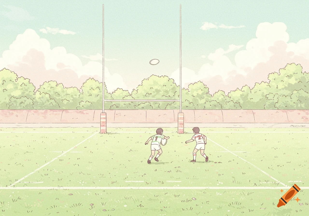 Two rugby players on a field with goalposts, pastel illustration style ...