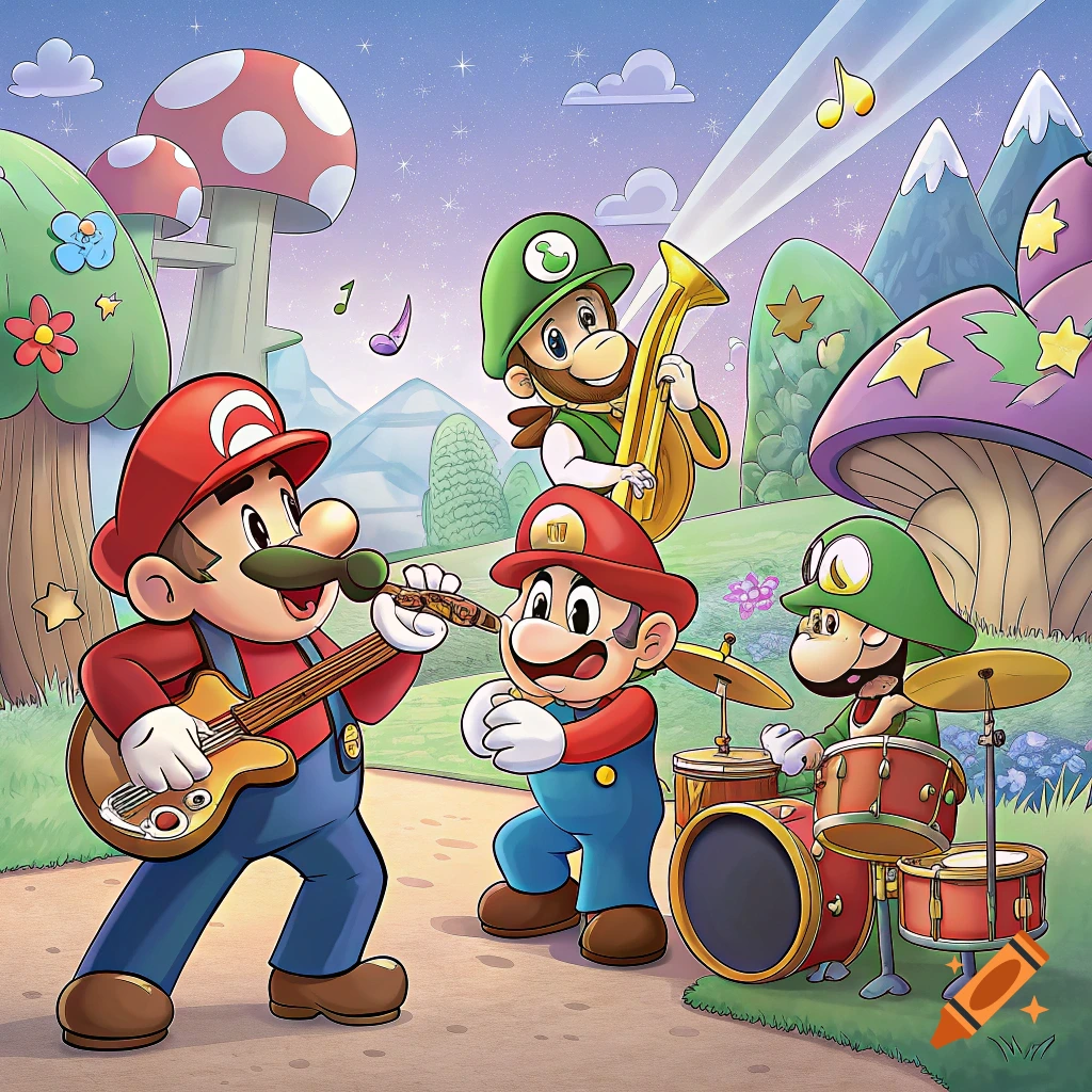 Cartoon of Super Mario characters playing musical instruments in a ...