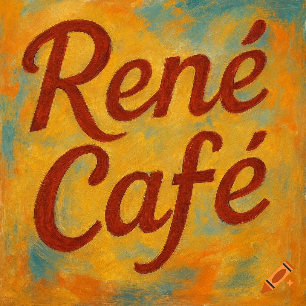 Painterly text reading 'René Café' in red on a textured yellow and teal ...