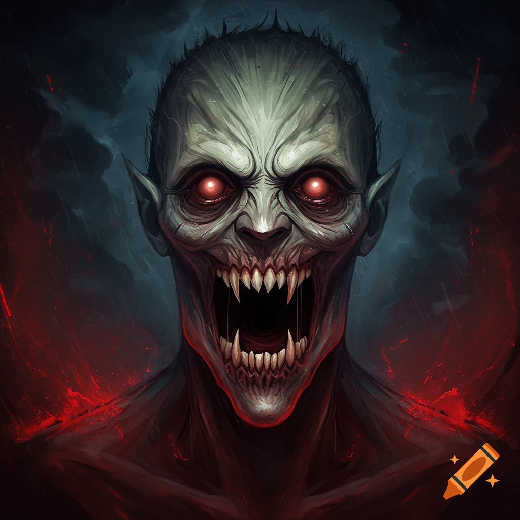 Close-up horror illustration of a creature with glowing red eyes and sharp teeth. on Craiyon