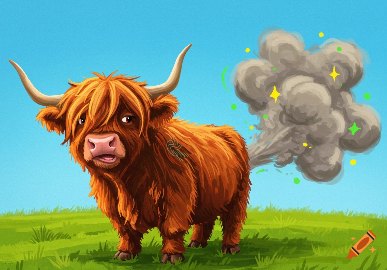 A cartoon highland cow farting a large cloud of smoke and sparkles in a ...