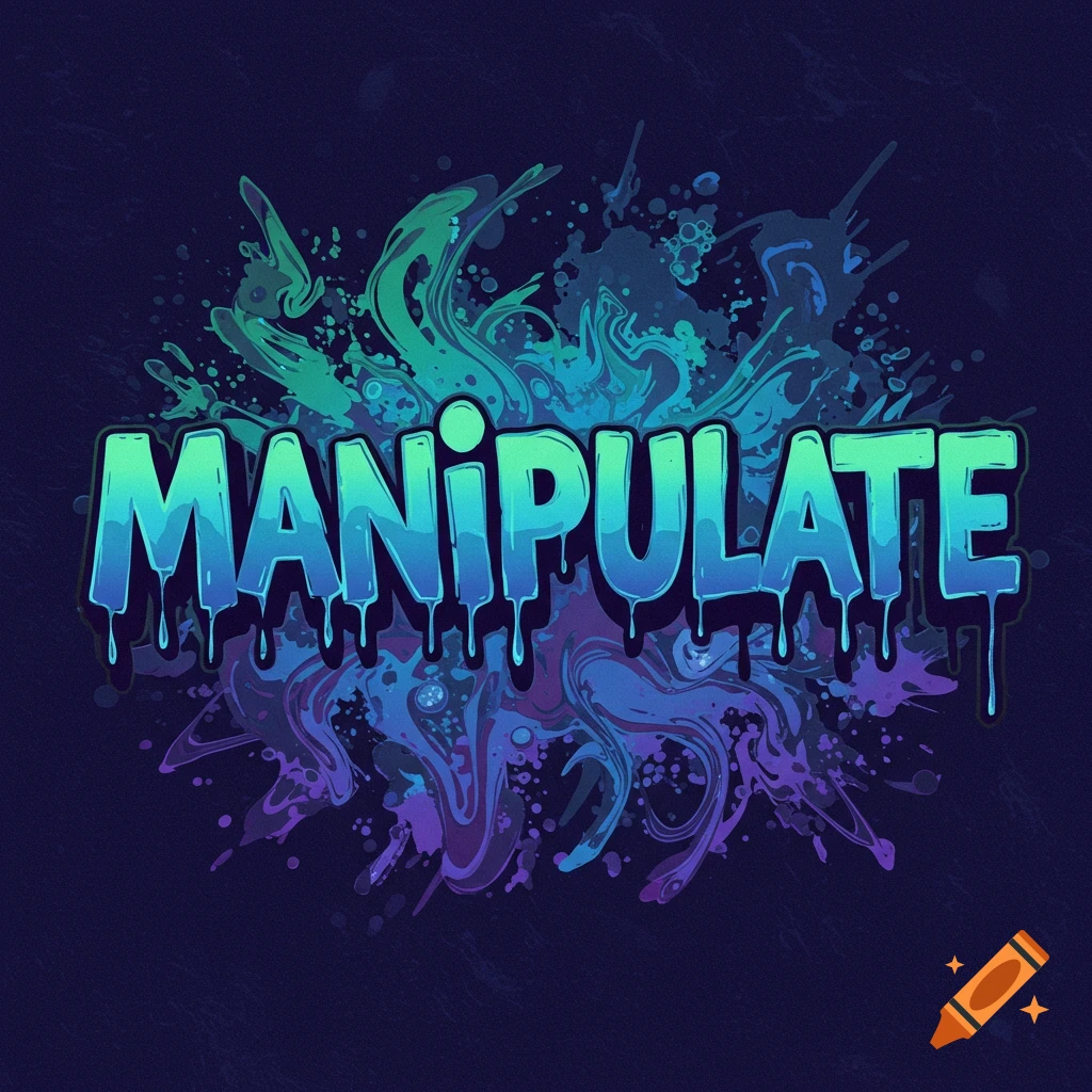 Stylized dripping text 'MANIPULATE' over abstract blue and green ...