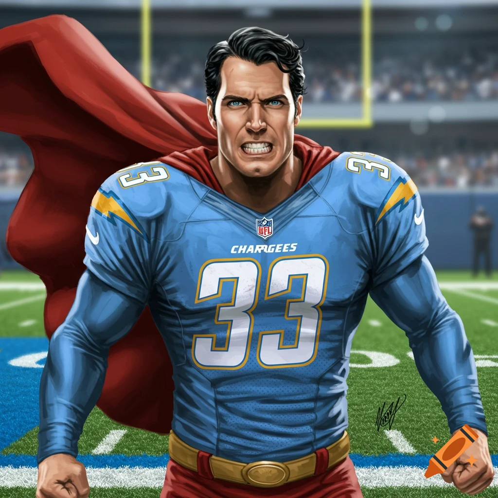 Illustration of Superman wearing a Los Angeles Chargers #33 jersey on a ...