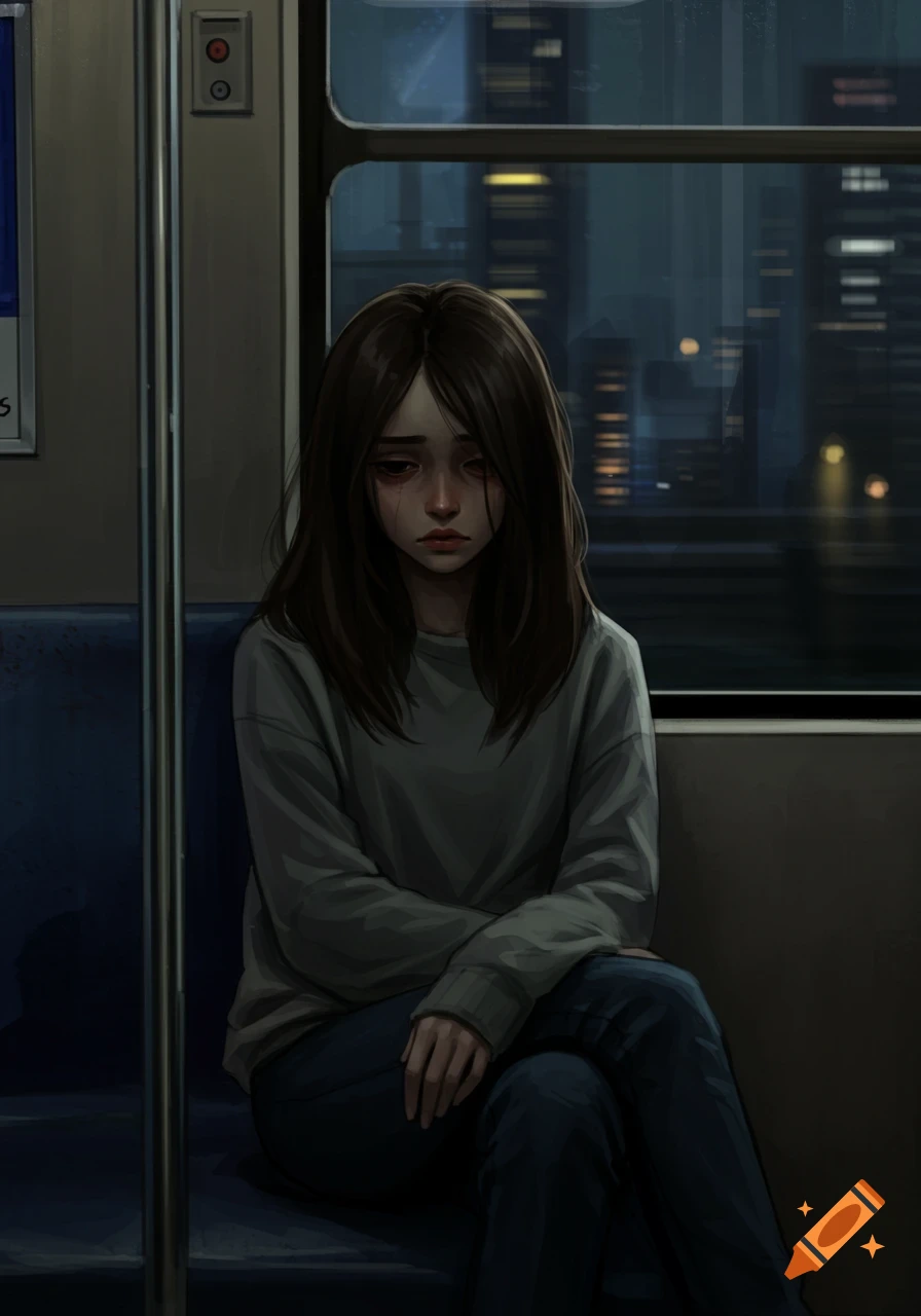 Illustration of a sad girl sitting alone on a train at night. on Craiyon