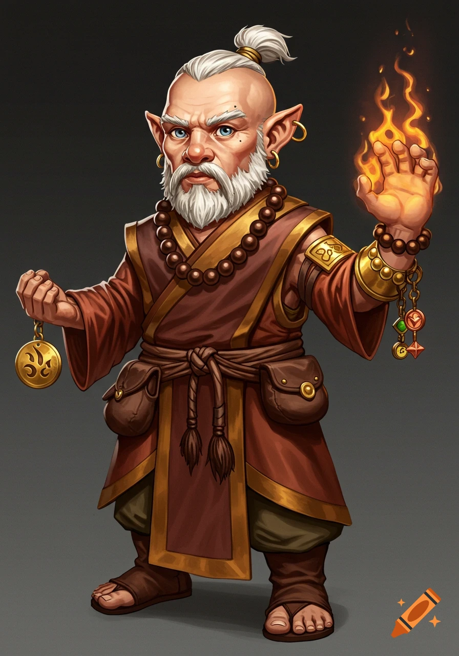 Illustration of an older dwarf or gnome monk holding a coin and raising ...