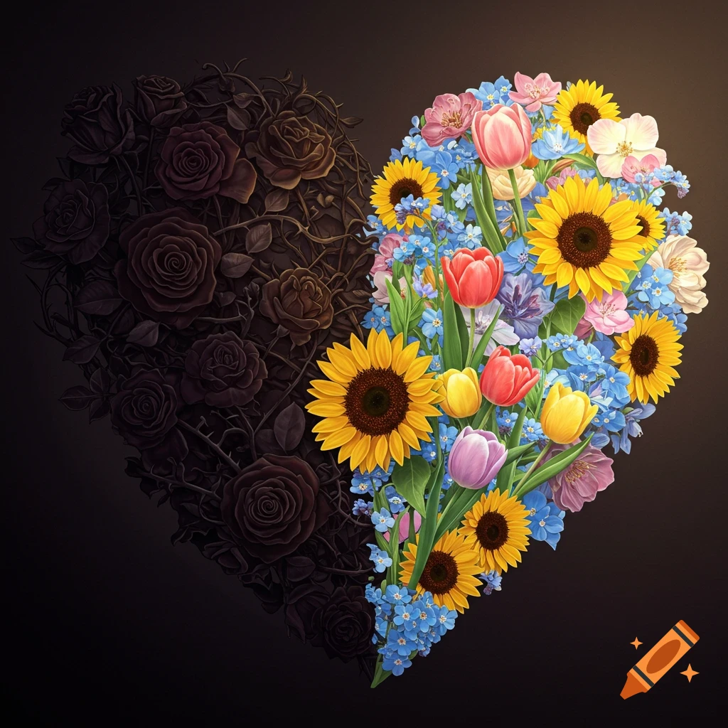 A heart shape made of flowers, half dark black roses and half colorful ...