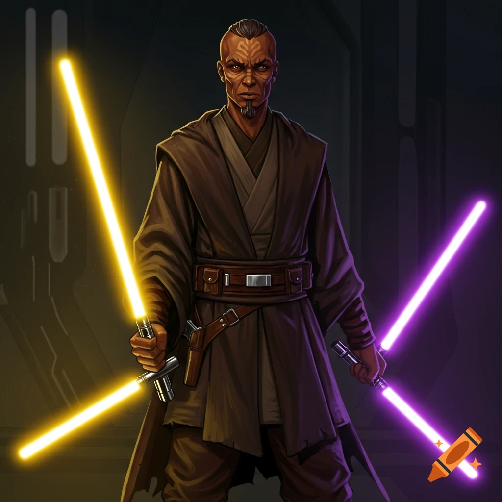 A Zabrak Jedi character holds a yellow lightsaber and a purple ...