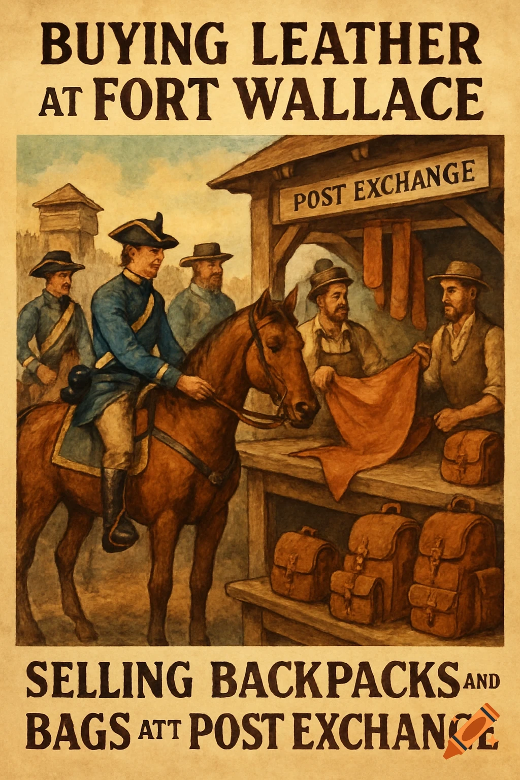 Watercolor poster of a historical army cavalry officer buying leather at a fort's post exchange ...