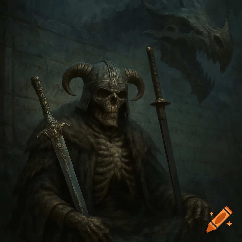 Dark fantasy art of a skeleton warrior in a horned helmet holding two ...