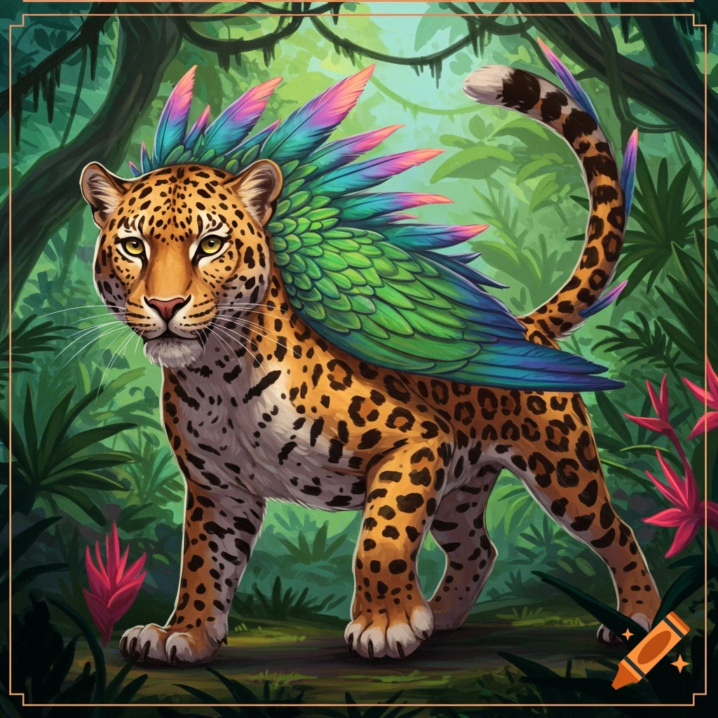 A fantasy leopard with colourful feathers on its back and head stands ...