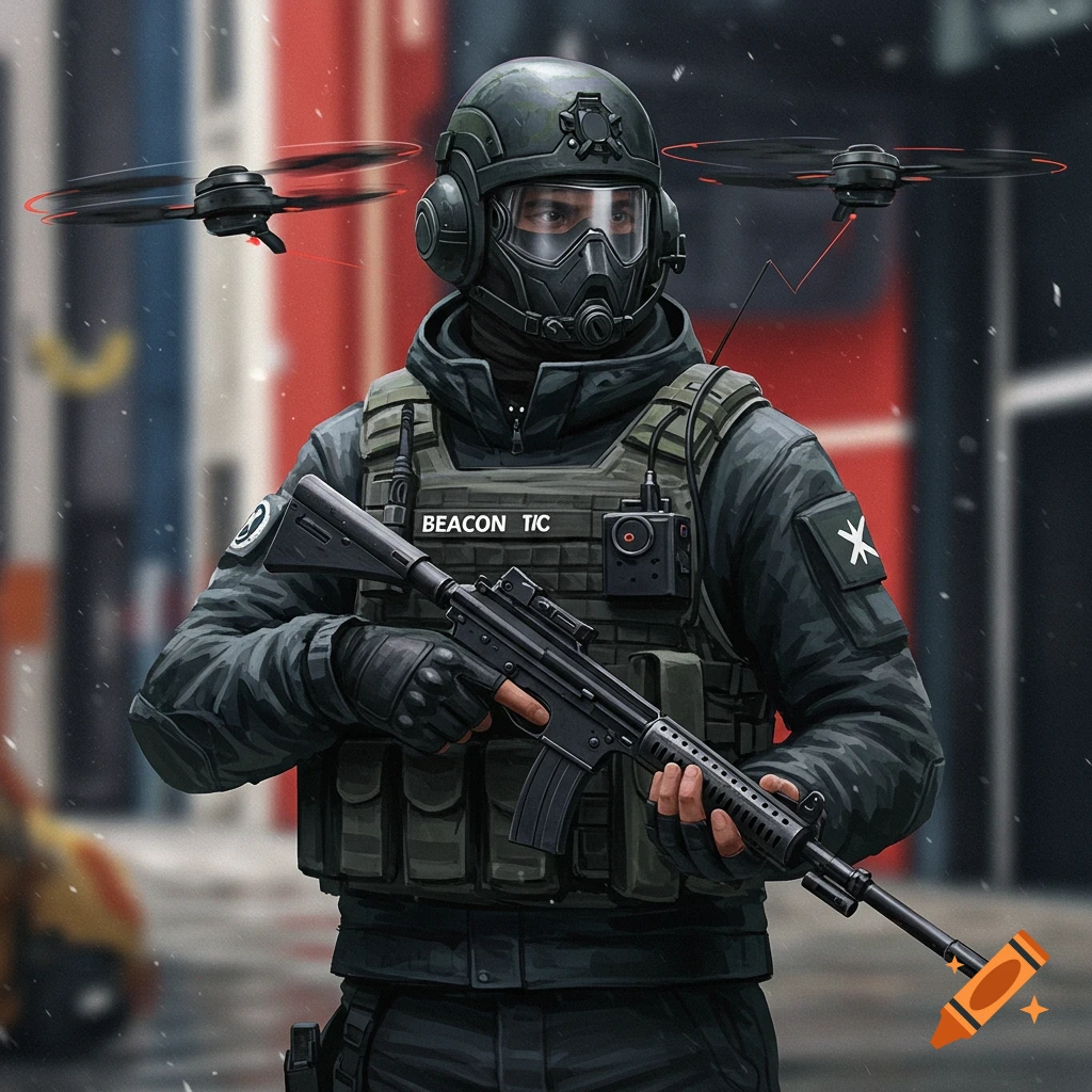 Tactical operator with futuristic helmet, gas mask, vest, and rifle ...