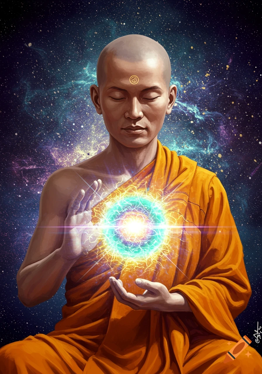 A monk in orange robes meditates, holding a glowing energy orb over his ...