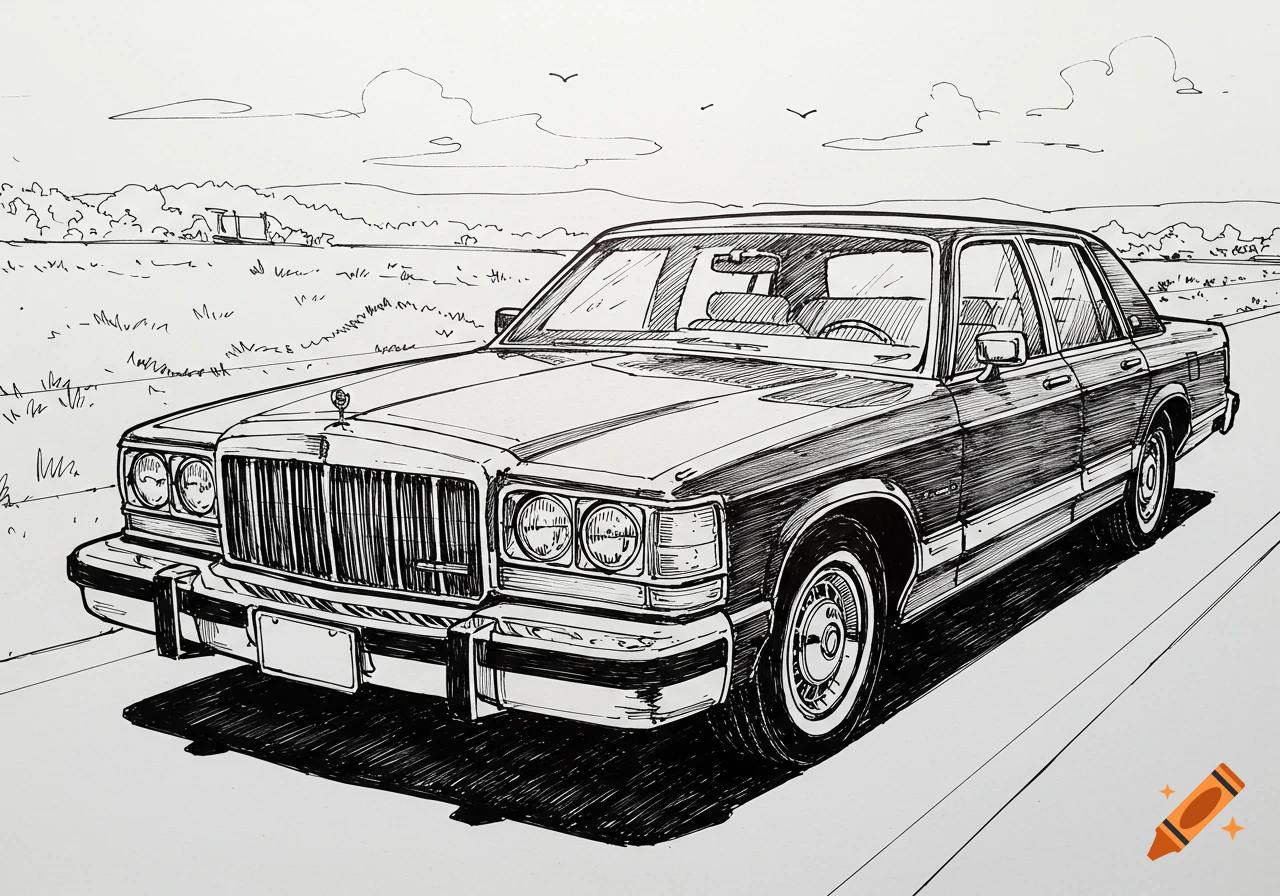 A detailed pen and ink drawing of a classic sedan car driving on a road ...