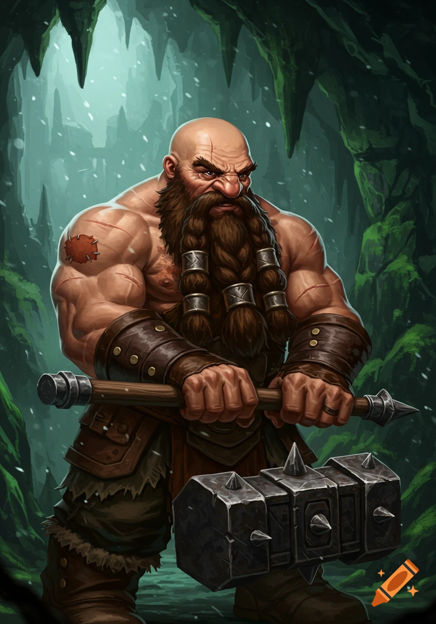 Bald dwarf with braided brown beard holding a spiked maul in a cave. on ...