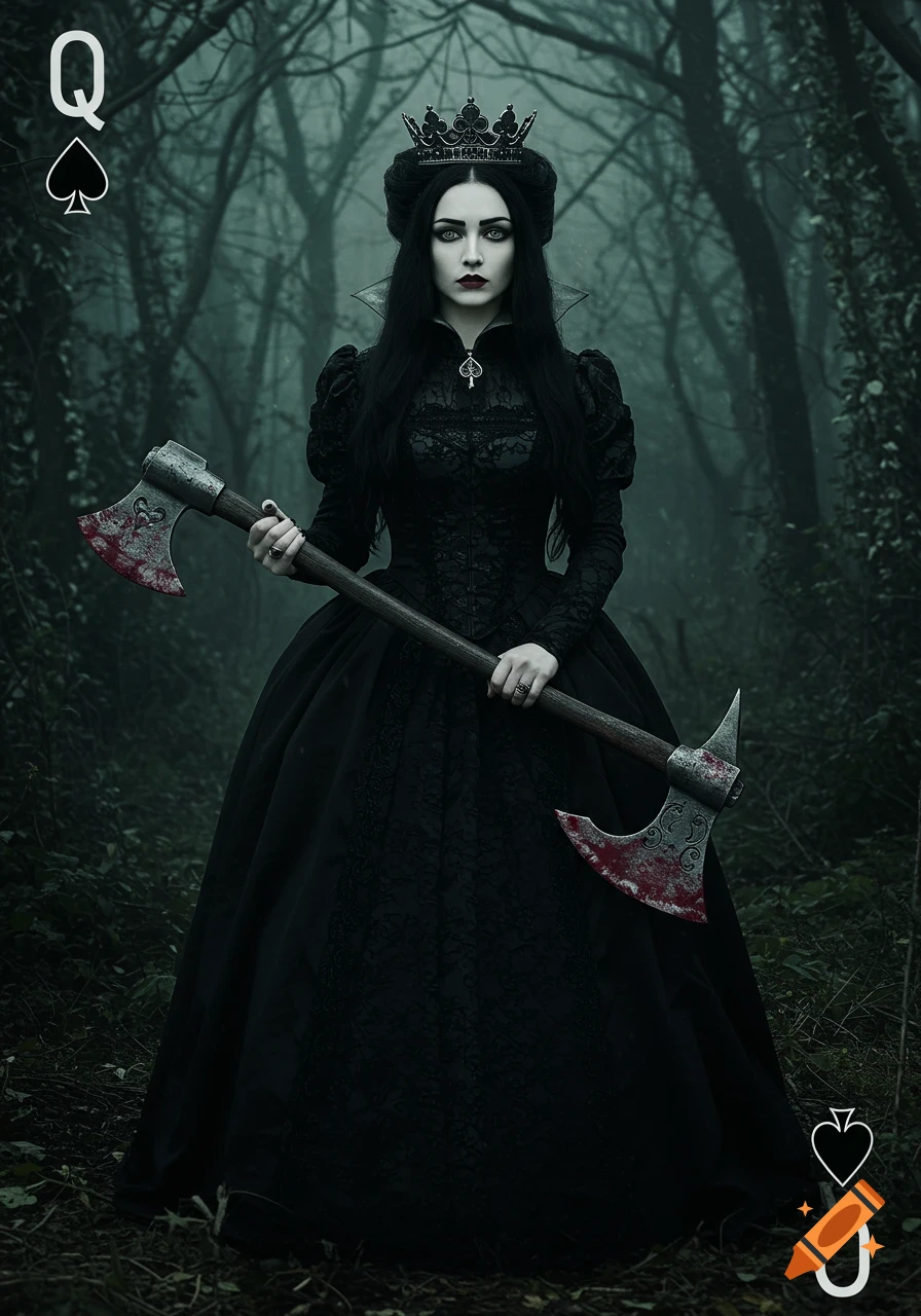A gothic Queen of Spades stands in a dark forest holding an executioner ...