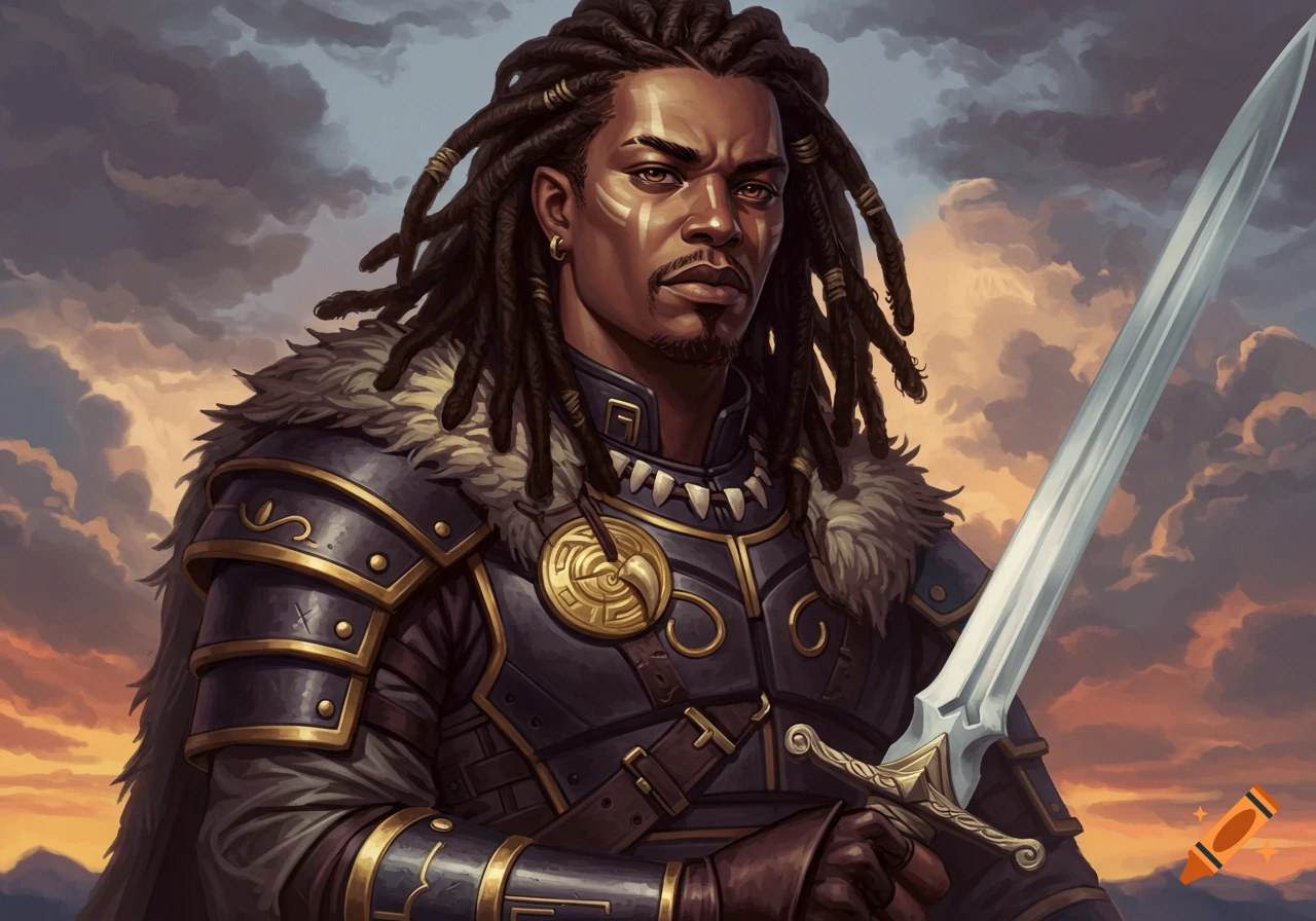 A fantasy warrior with dreadlocks and face paint holds a sword against ...
