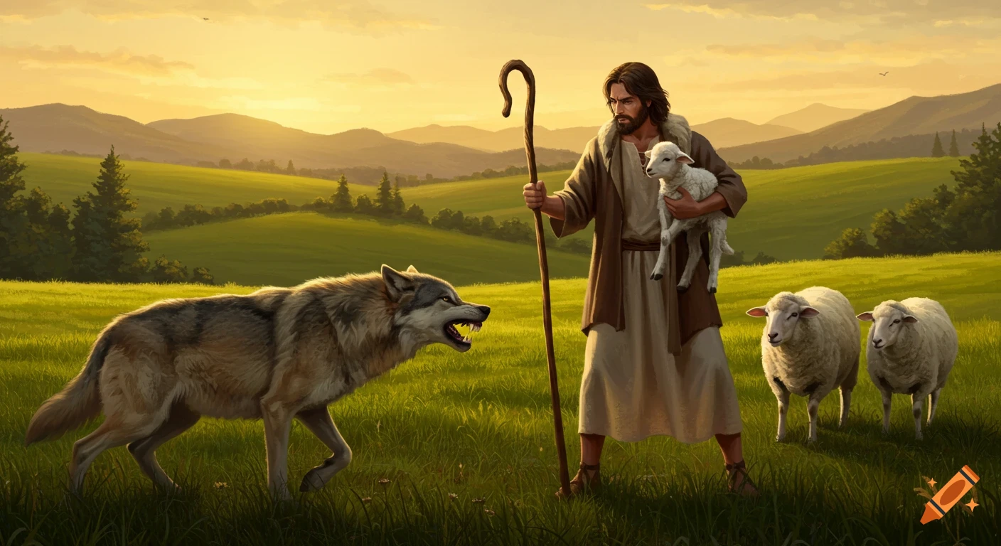Shepherd protects sheep from snarling wolf in a golden pastoral scene ...
