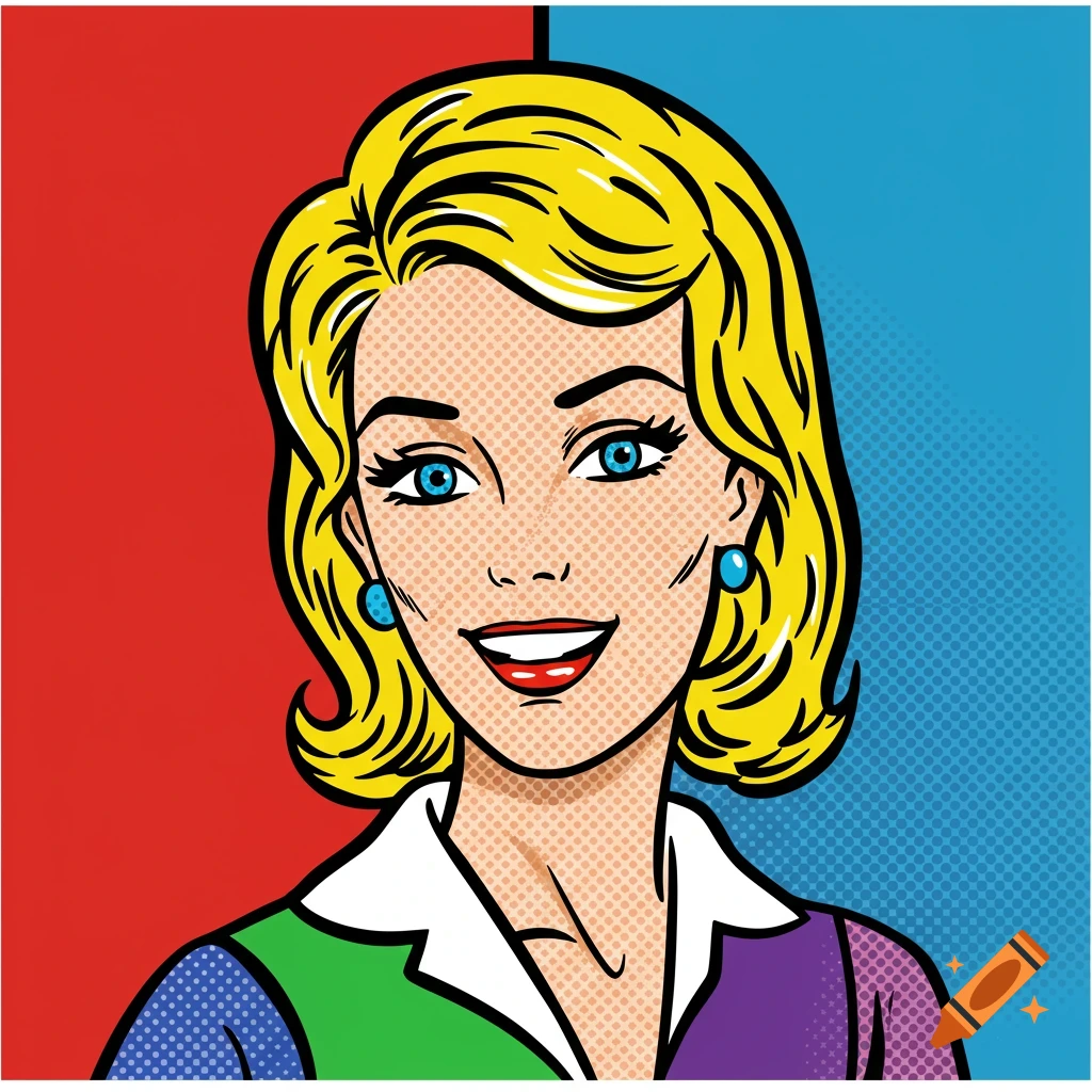 Smiling woman's face in Roy Lichtenstein pop art style with Ben-Day ...