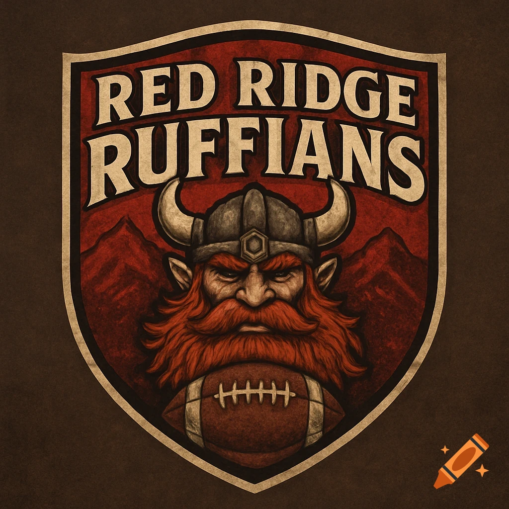 Shield emblem with a dwarf, football, and text 'Red Ridge Ruffians' on ...