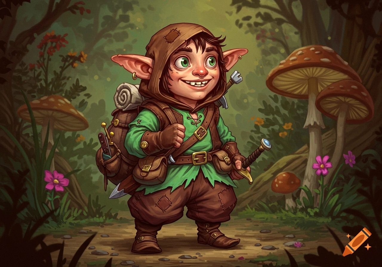 Illustration of a dorky halfling rogue with a backpack and sword ...