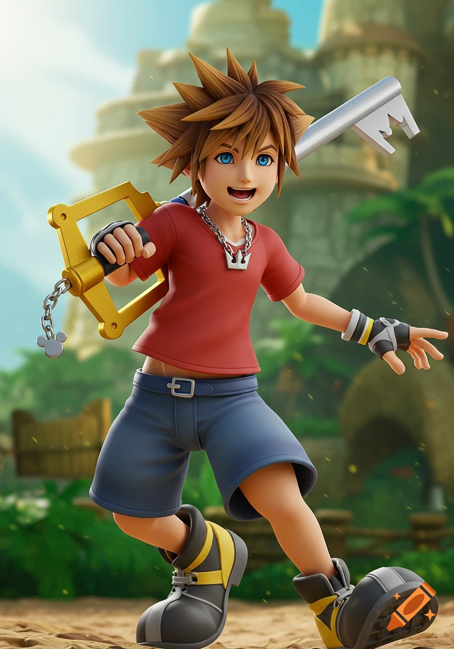 3D render of Sora from Kingdom Hearts holding his Keyblade in a ...