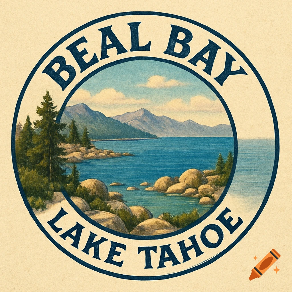 Vintage style circular logo for Beal Bay Lake Tahoe featuring a watercolor landscape of a lake ...