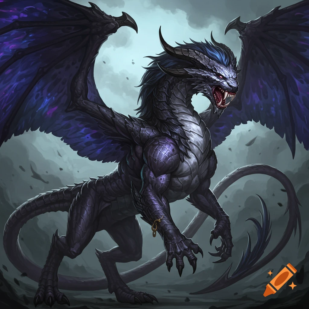 A dark, muscular dragon-like creature with large purple wings and sharp claws stands in a cloudy ...