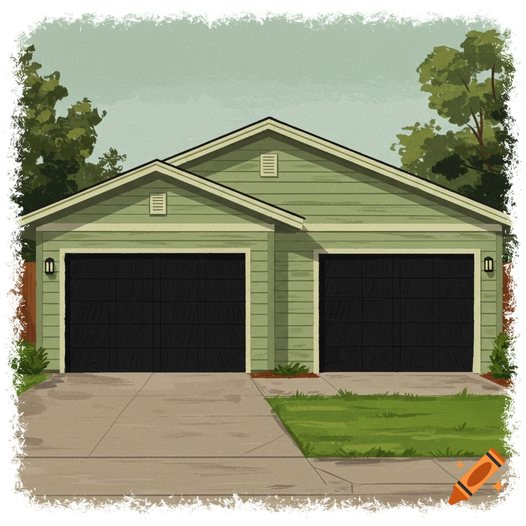Illustration of a sage green house with two black garage doors and a ...