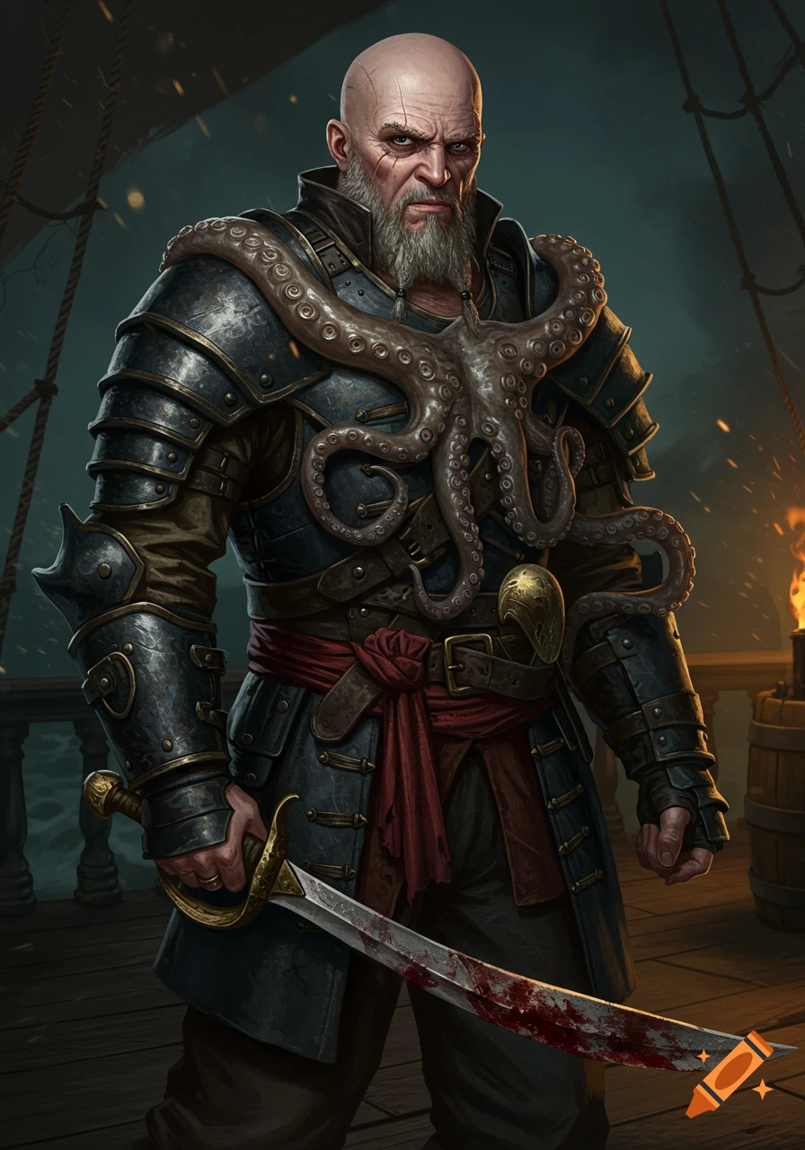 A bald pirate with a beard wears kraken armor and holds a bloodied ...